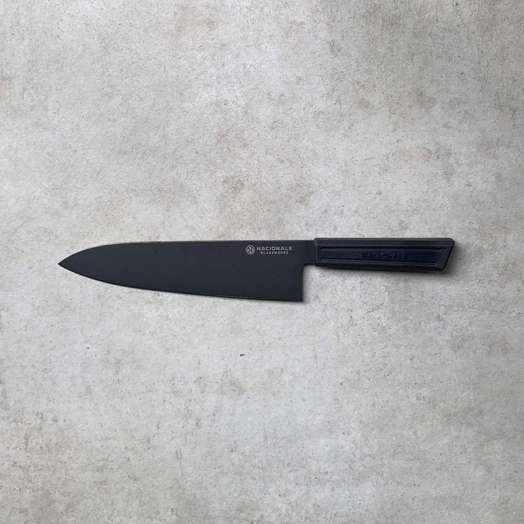215mm Chefs Knife. Black Stonewashed AUS8. Black Recycled Plastic Skateboard Material Handle ...