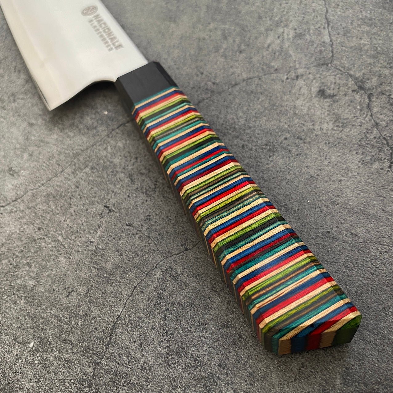 165mm Petty Knife. San Mai 440C. Stabilized Skateboard Material Handle – Nacionale Bladeworks